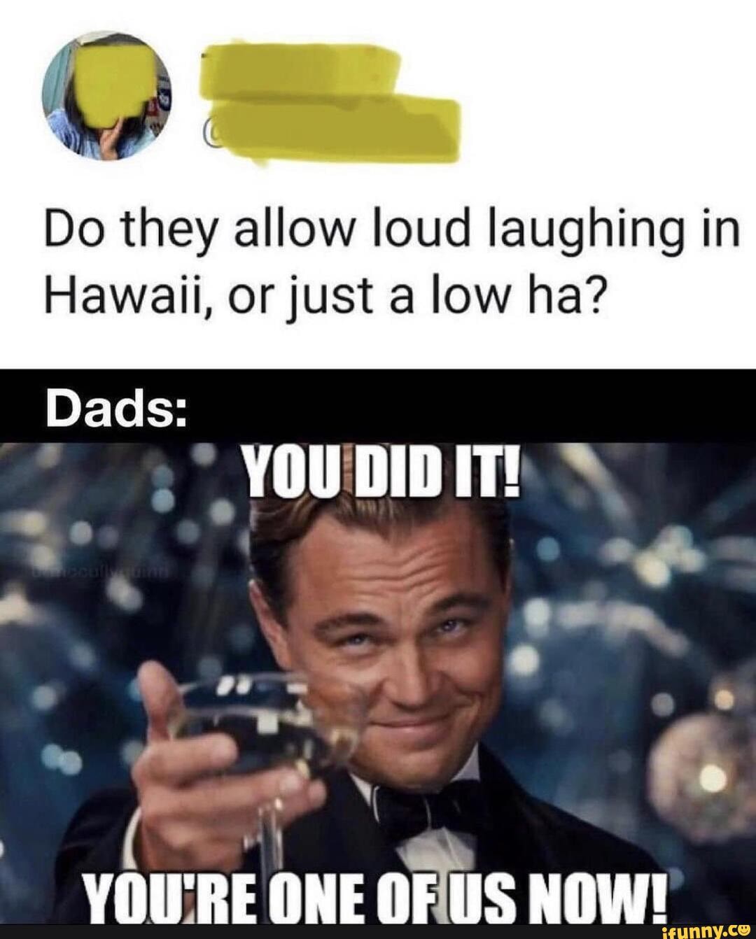 Do they allow loud laughing in Hawaii, or just a low ha? Dads: YOU DID ...