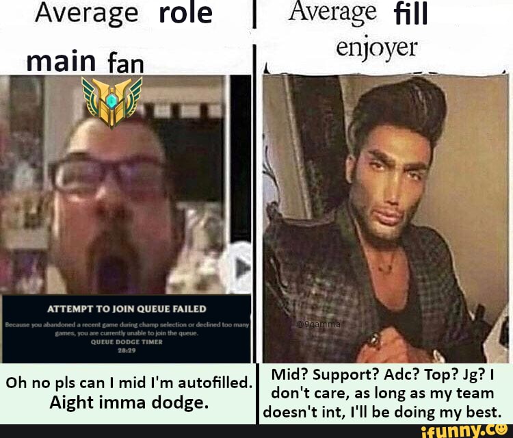 Average role Average fill main fan enjoyer Mid? Support? Adc? Top? Jg ...