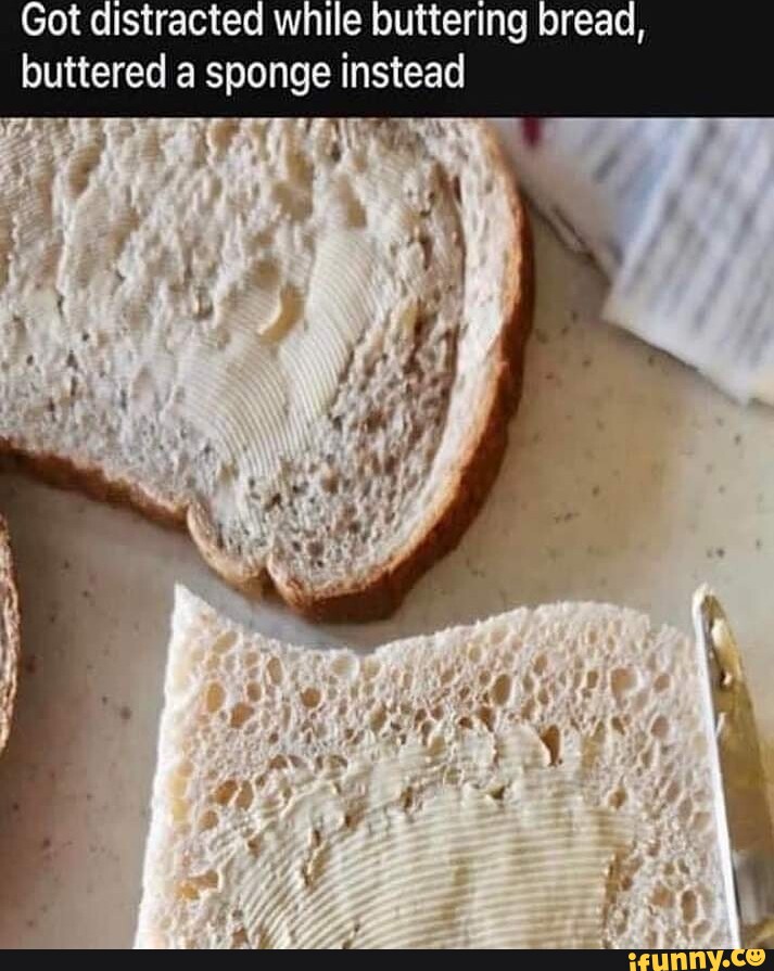 Got distracted while buttering bread, buttered a sponge instead - iFunny