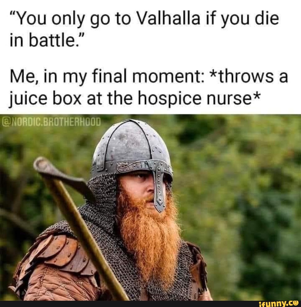 "You only go to Valhalla if you die in battle." Me, in my final moment ...