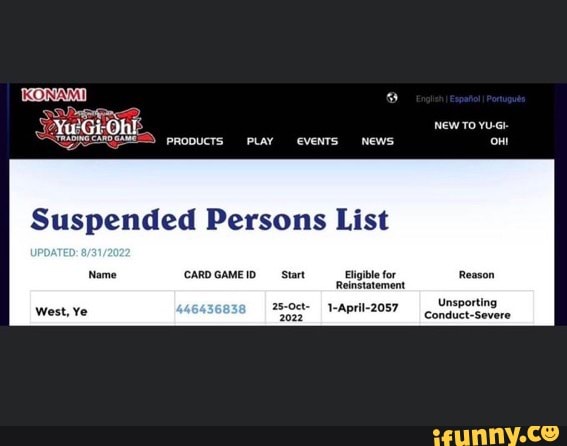 New To YUG PRODUCTS PLAY EVENTS -NEWS ont Suspended Persons List ...