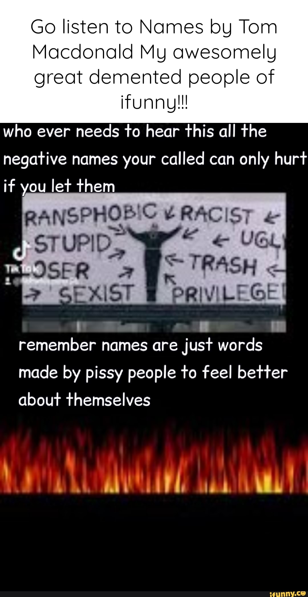 Go listen to Names by Tom Macdonald My awesomely great demented people ...