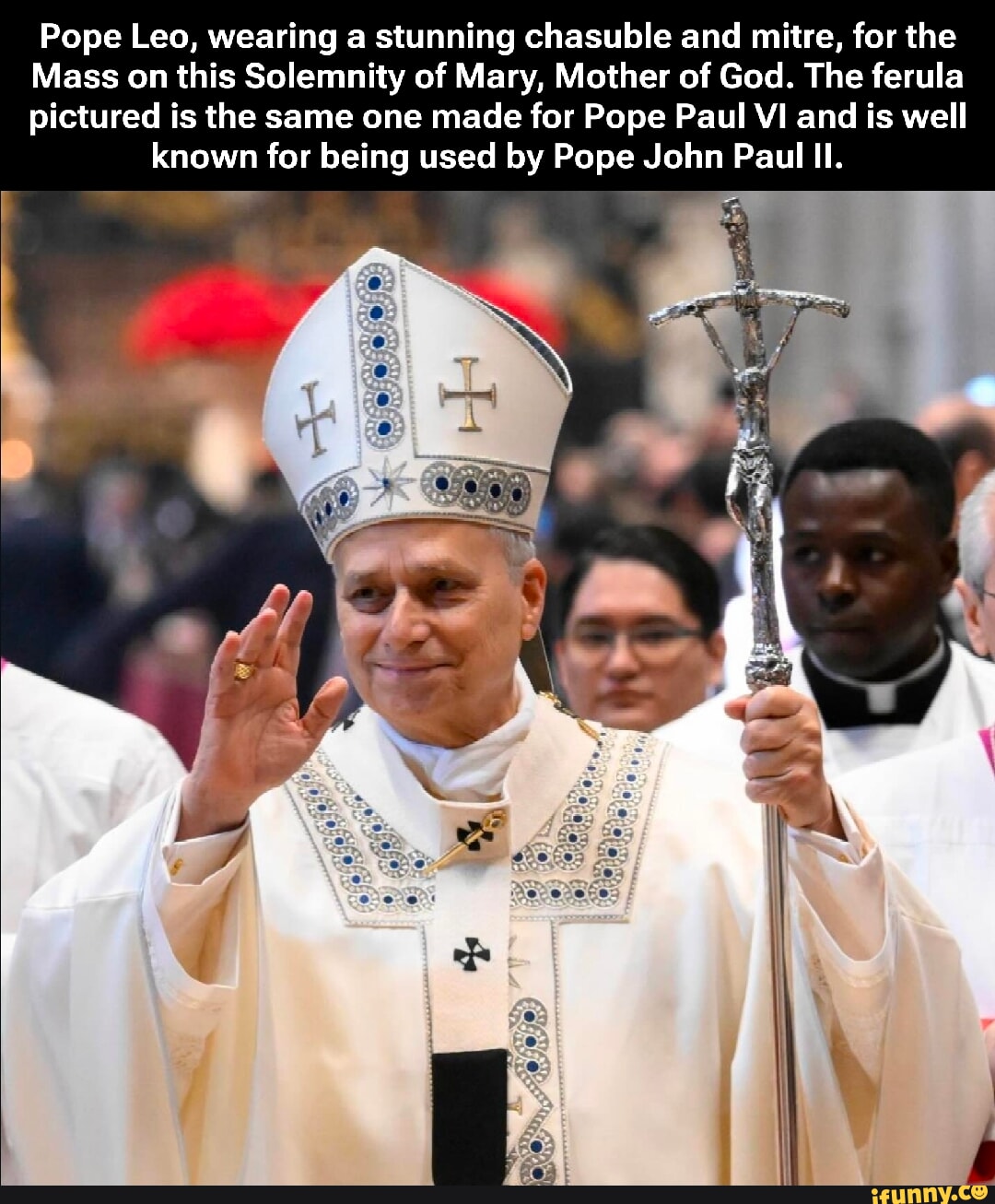 Pope Leo, wearing a stunning chasuble and mitre, for the Mass on this ...