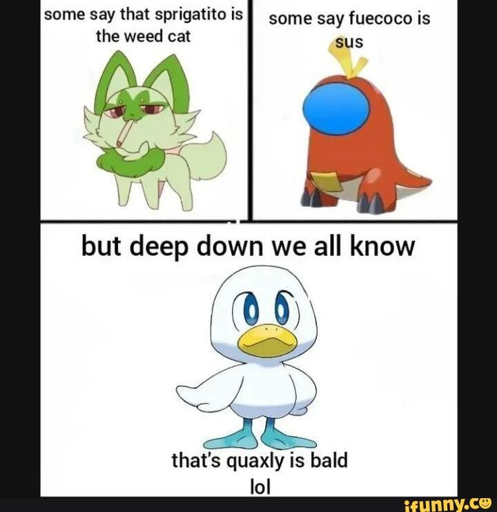 Some say that sprigatito is the weed cat some say fuecoco is sus but ...