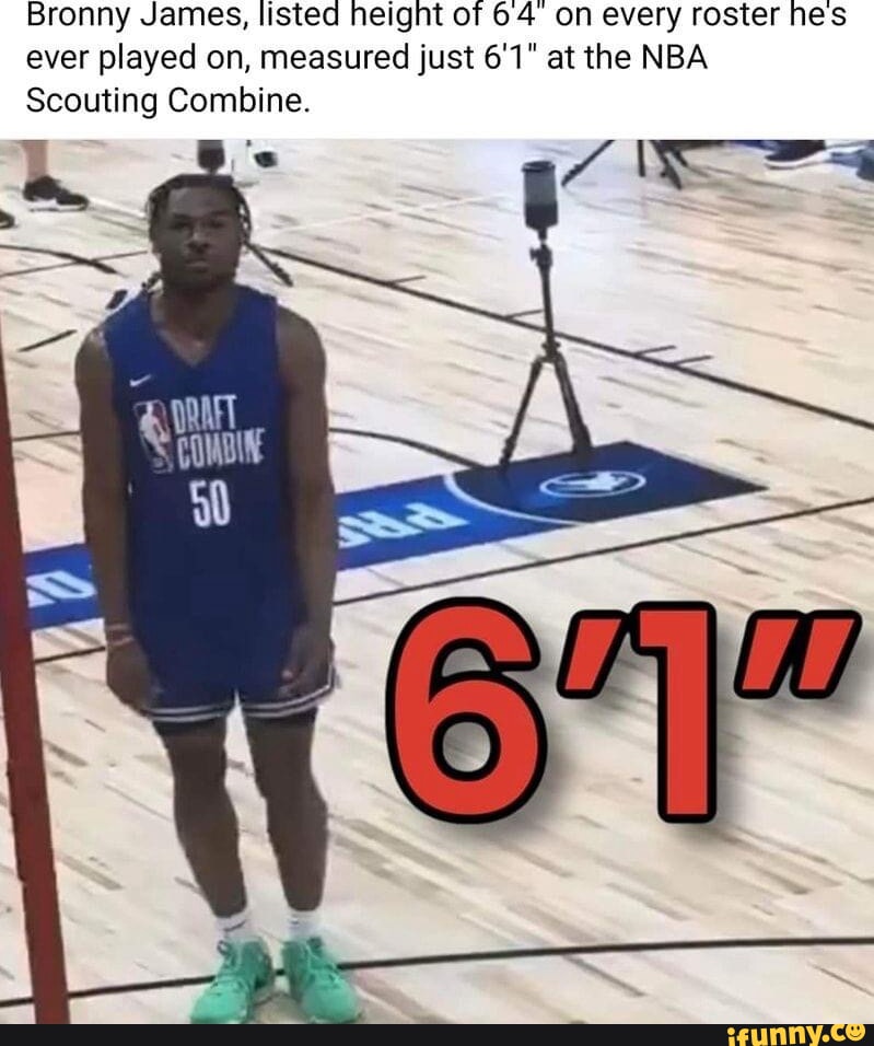 Bronny James, listed height of 64 on every roster hes ever played on ...