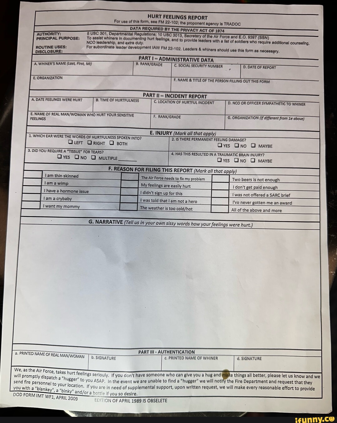 HURT FEELINGS REPORT For use of this form, FM 22-102; the proponent ...