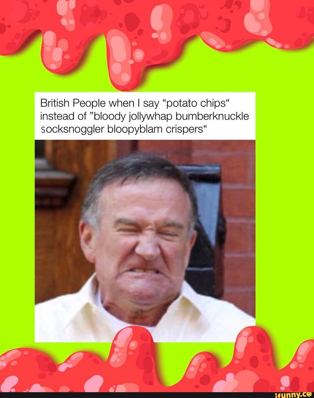 British People when I say "potato chips" instead of bloody jollywhap ...