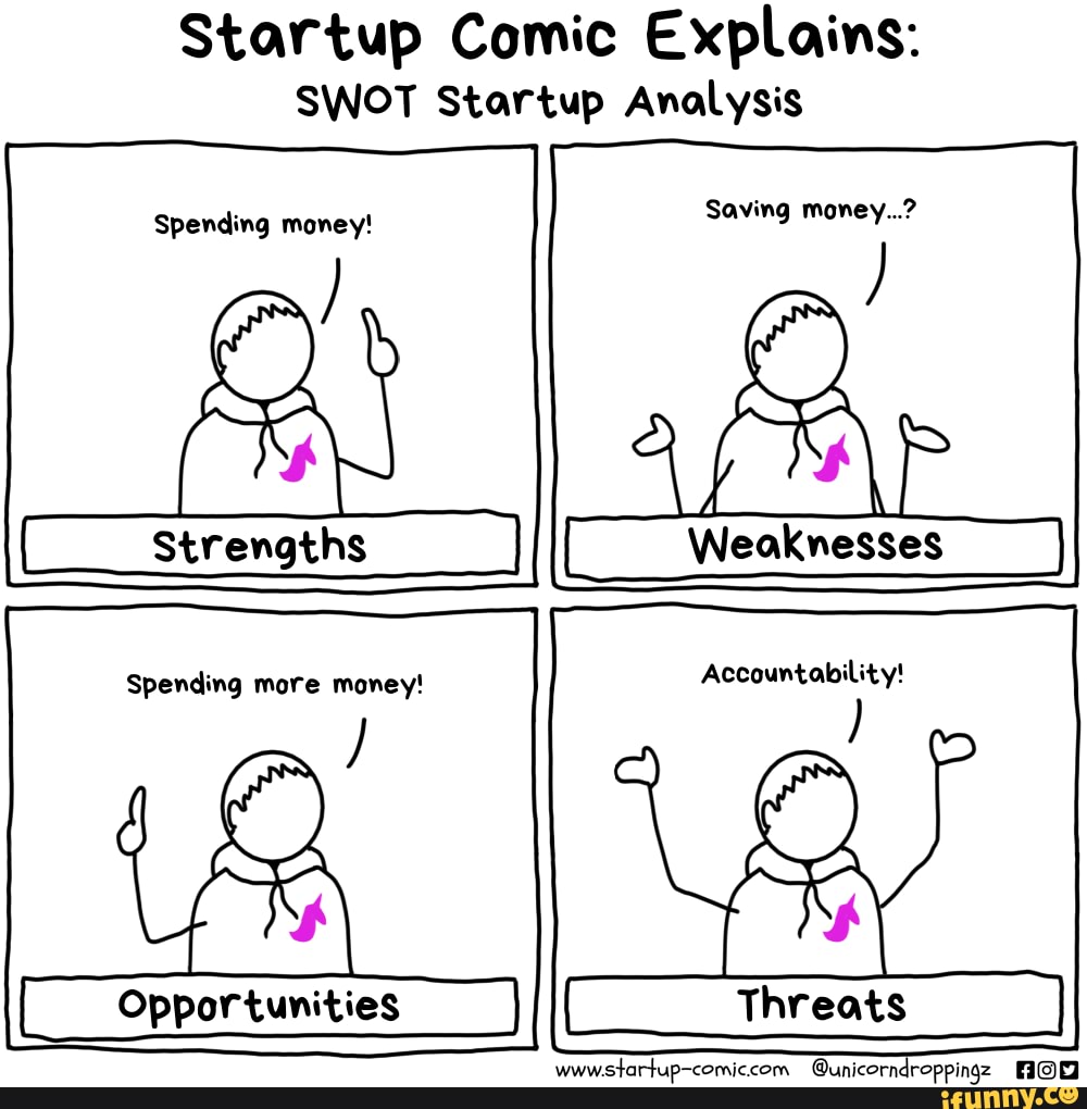 Startup Comic Explains: SWOT Startup Analysis Saving money...? Spending ...