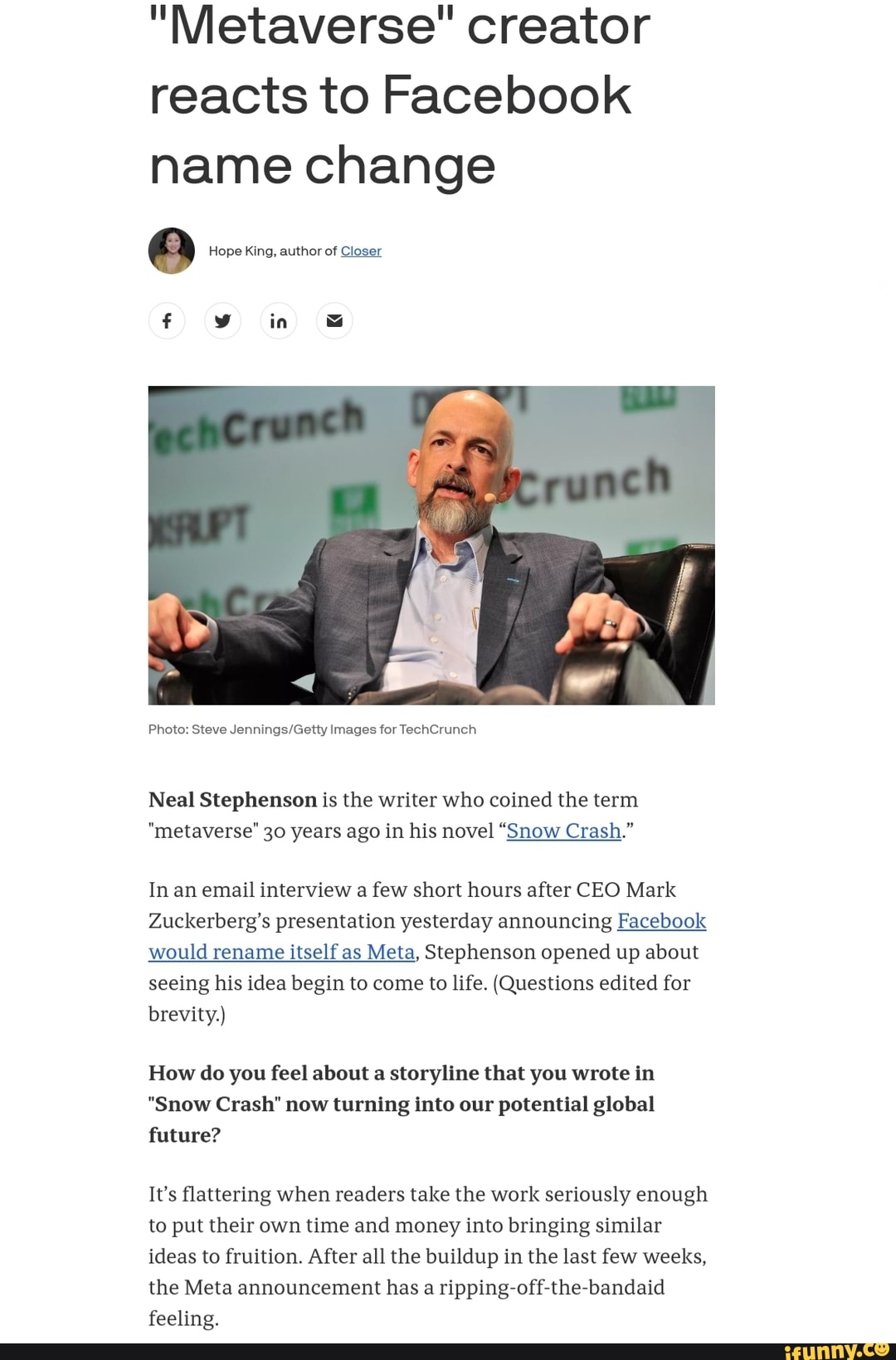 "Metaverse" creator reacts to Facebook name change Hope King, author of Closer ff Photo: Steve ...