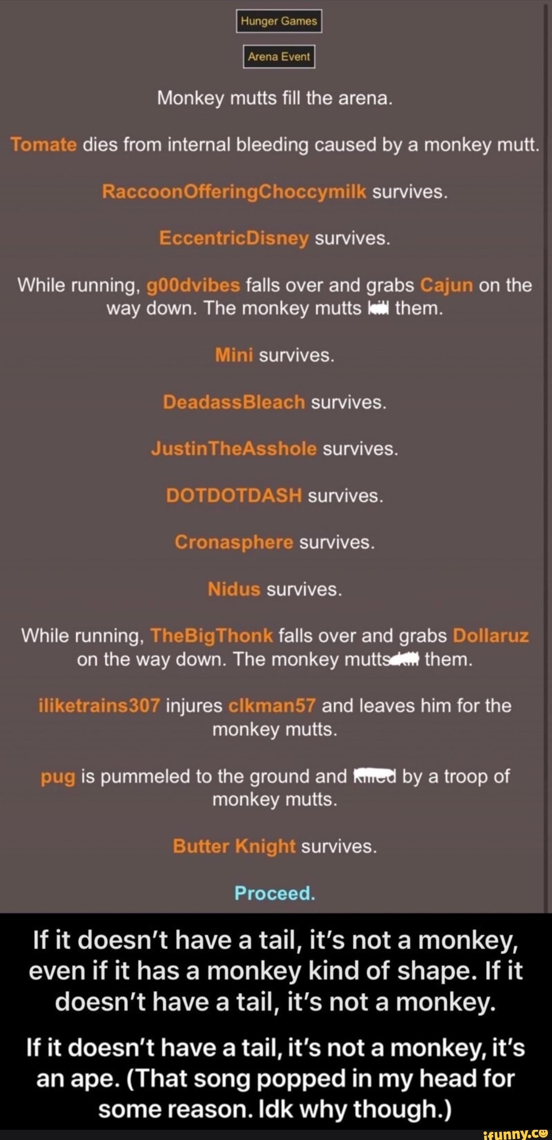 Hunger Games Avena Event Monkey mutts fill the arena. Tomate dies from ...