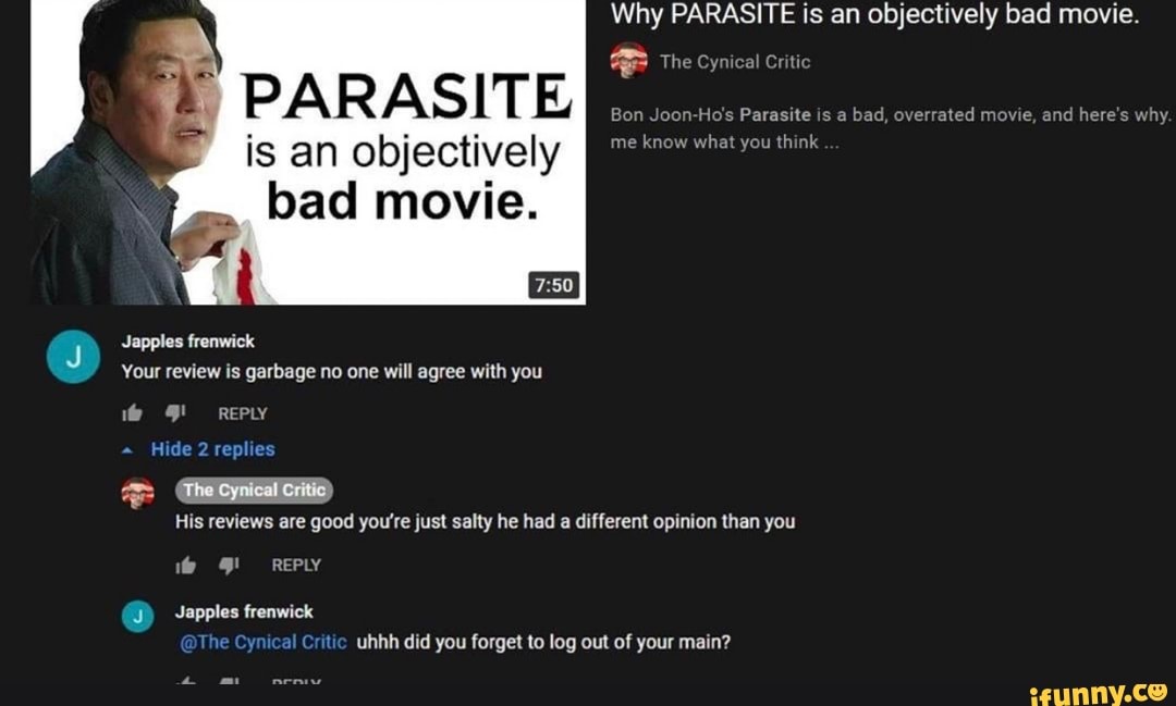 Why PARASITE is an objectively bad movie. The cynical critic Bon Joon ...