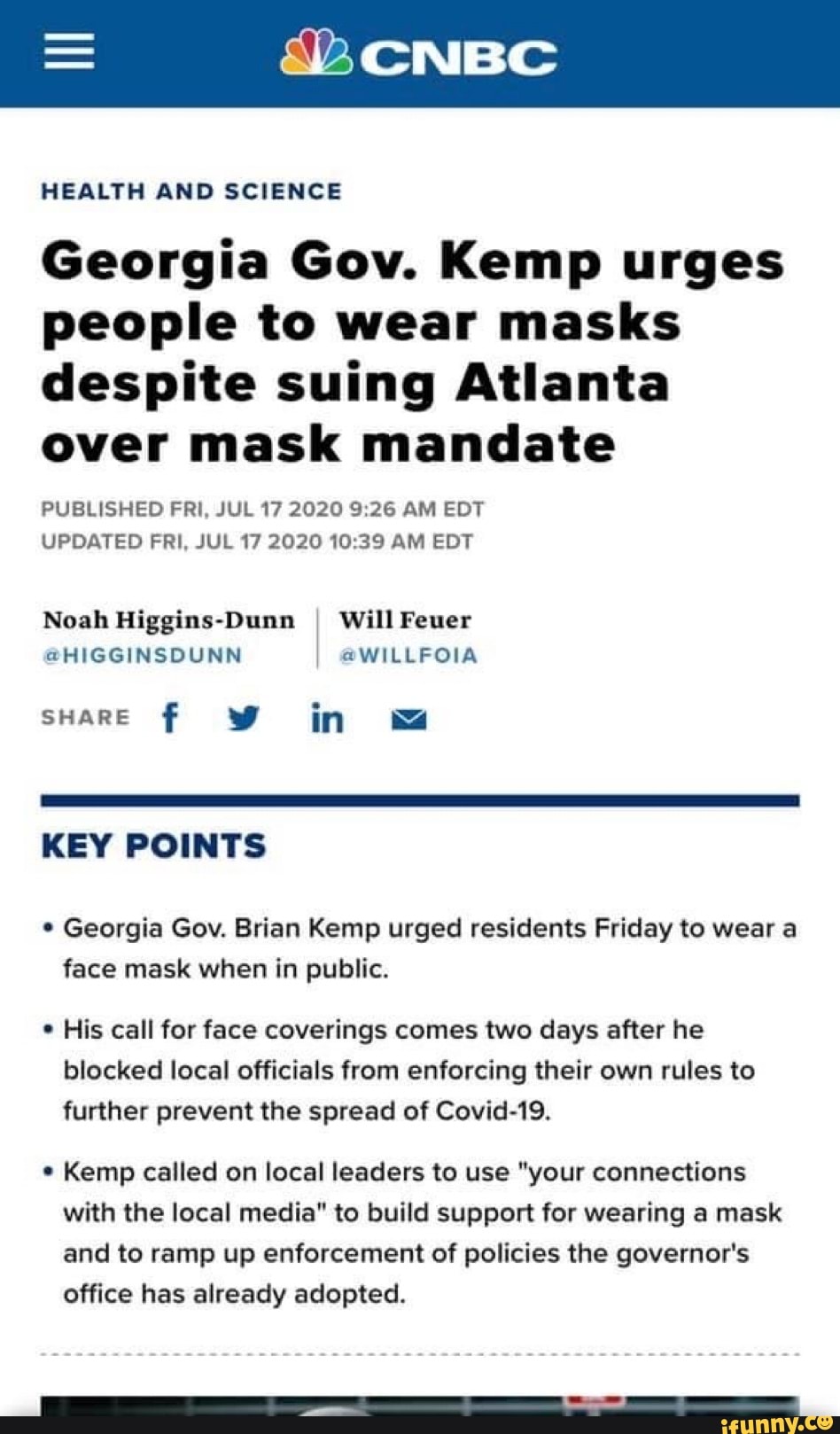 ÍBCONBC HEALTH AND SCIENCE Georgia Gov. Kemp urges people to wear masks ...