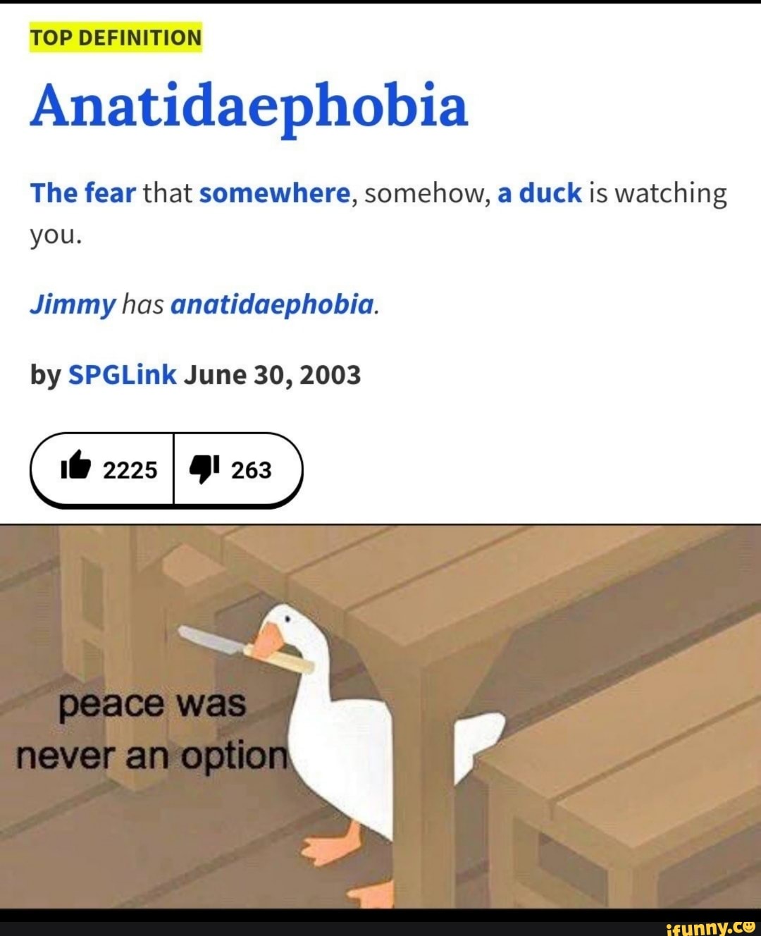 TOP DEFINITION Anatidaephobia The fear that somewhere, somehow, a duck ...