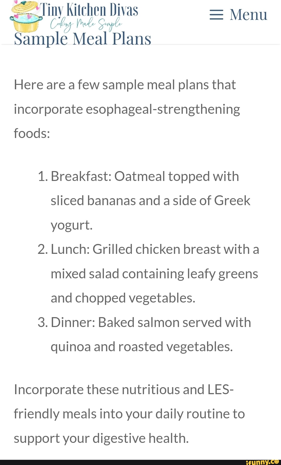 "Tiny Kitchen Divas Menu Sample Meal Plans Here are a few sample meal ...
