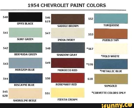 1954 CHEVROLET PAINT COLORS 'SADDLE BROWN INDIA IVORY saoI 620 'ONYX ...