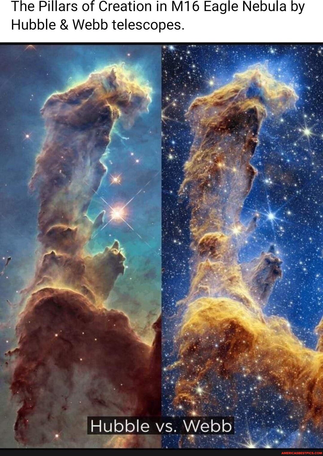 The Pillars of Creation in Eagle Nebula by Hubble & Webb telescopes. Hubble vs. Webb! - America ...