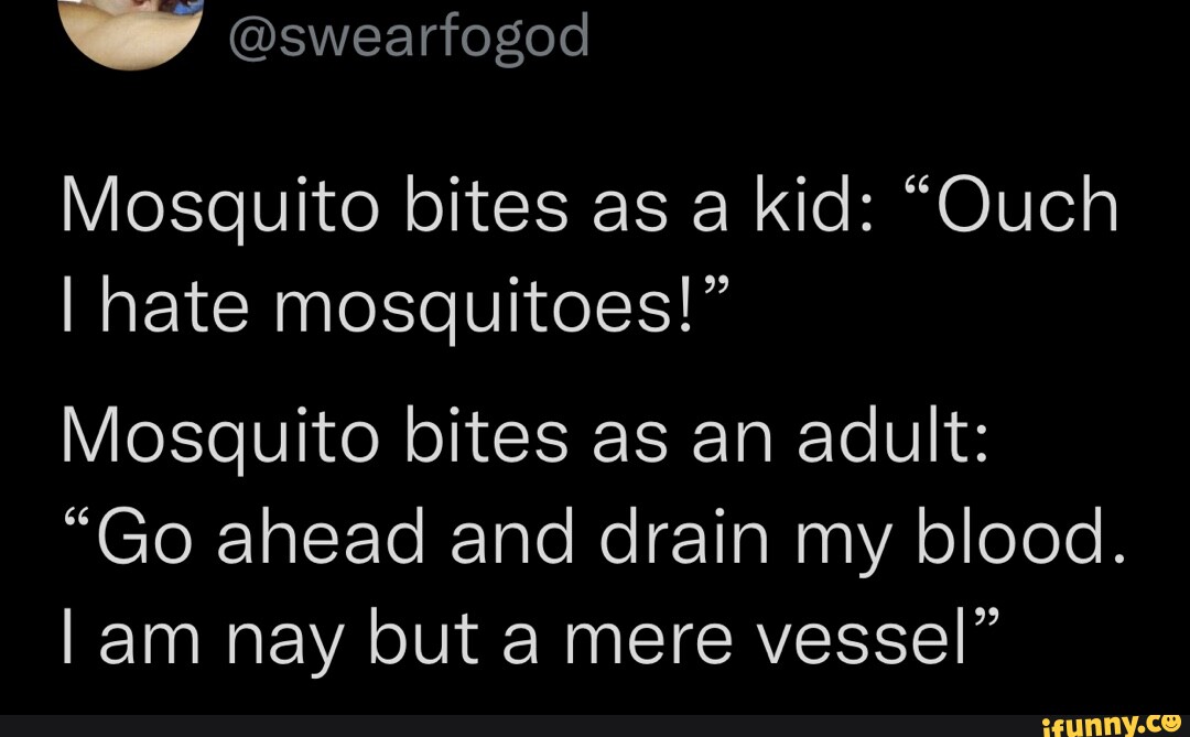 @swearfogod Mosquito bites as a kid: "Ouch I hate mosquitoes!" Mosquito ...