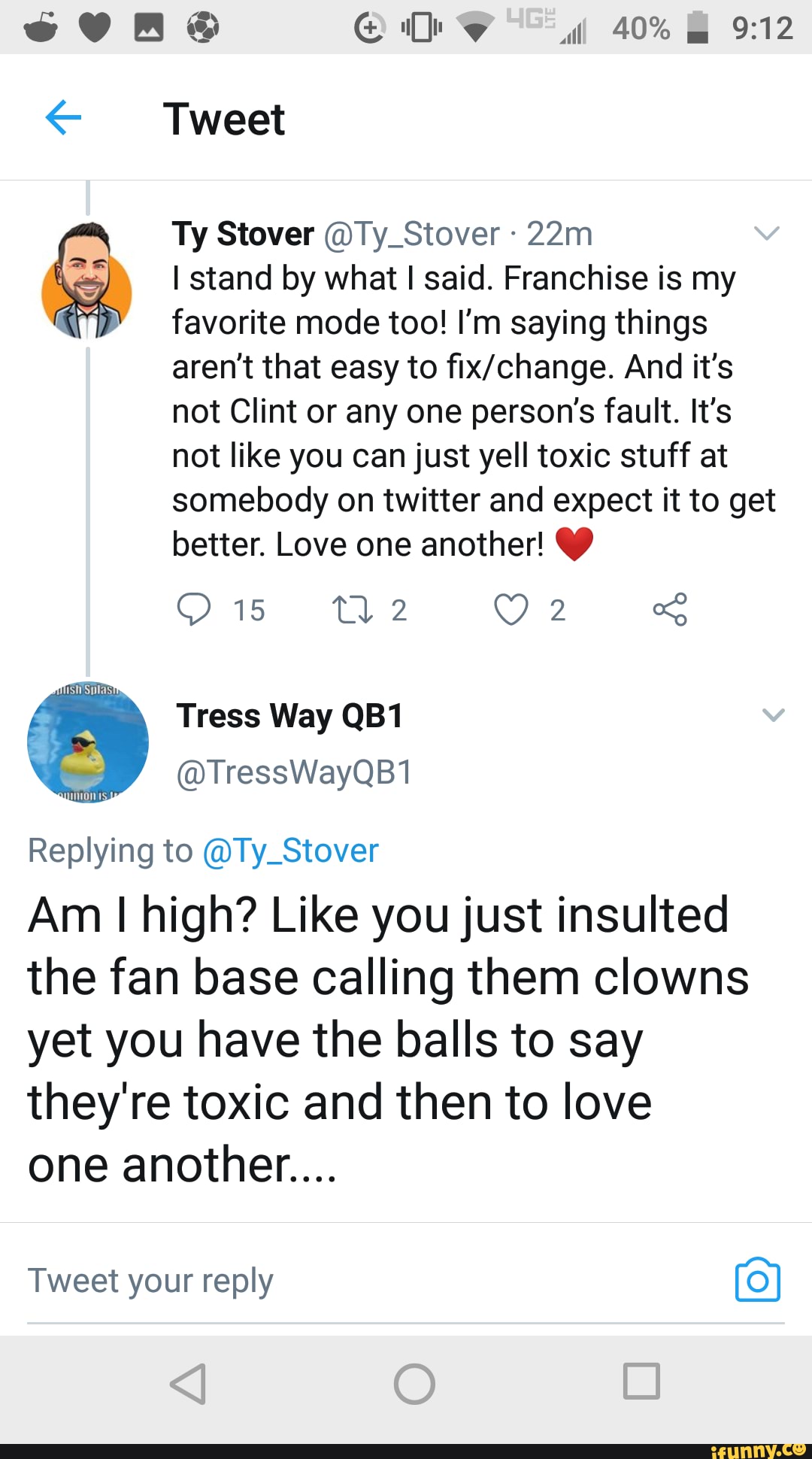 40% Tweet Ty Stover @Ty_Stover stand by what said. Franchise is my ...