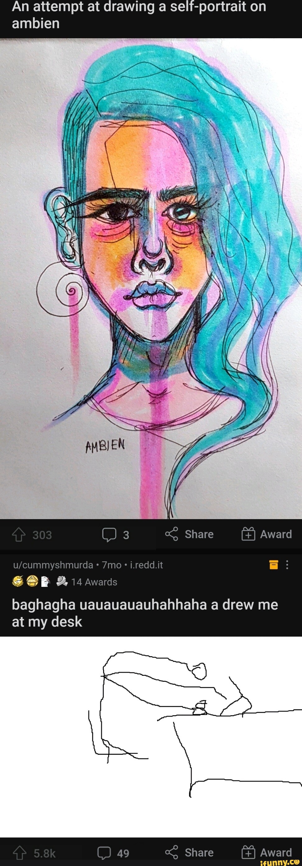 An attempt at drawing a selt-portrait on ambien 303 ) Share Award i ...
