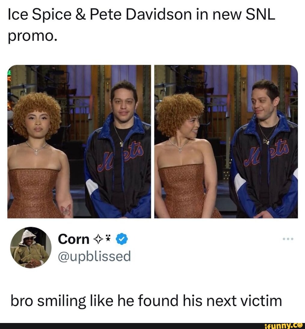 Ice Spice & Pete Davidson in new SNL promo. bro smiling like he found ...
