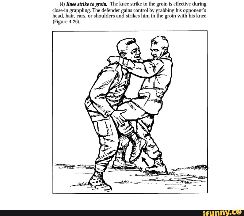 (4) Knee strike to groin. The knee strike to the groin is effective ...