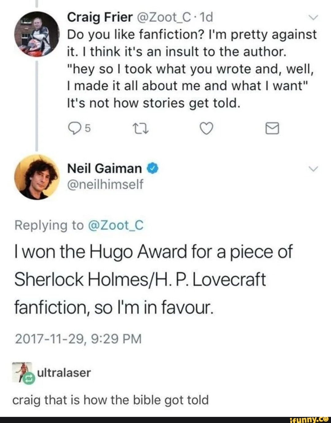 Craig Frier @Zoot_C id Do you like fanfiction? I'm pretty against it. I ...