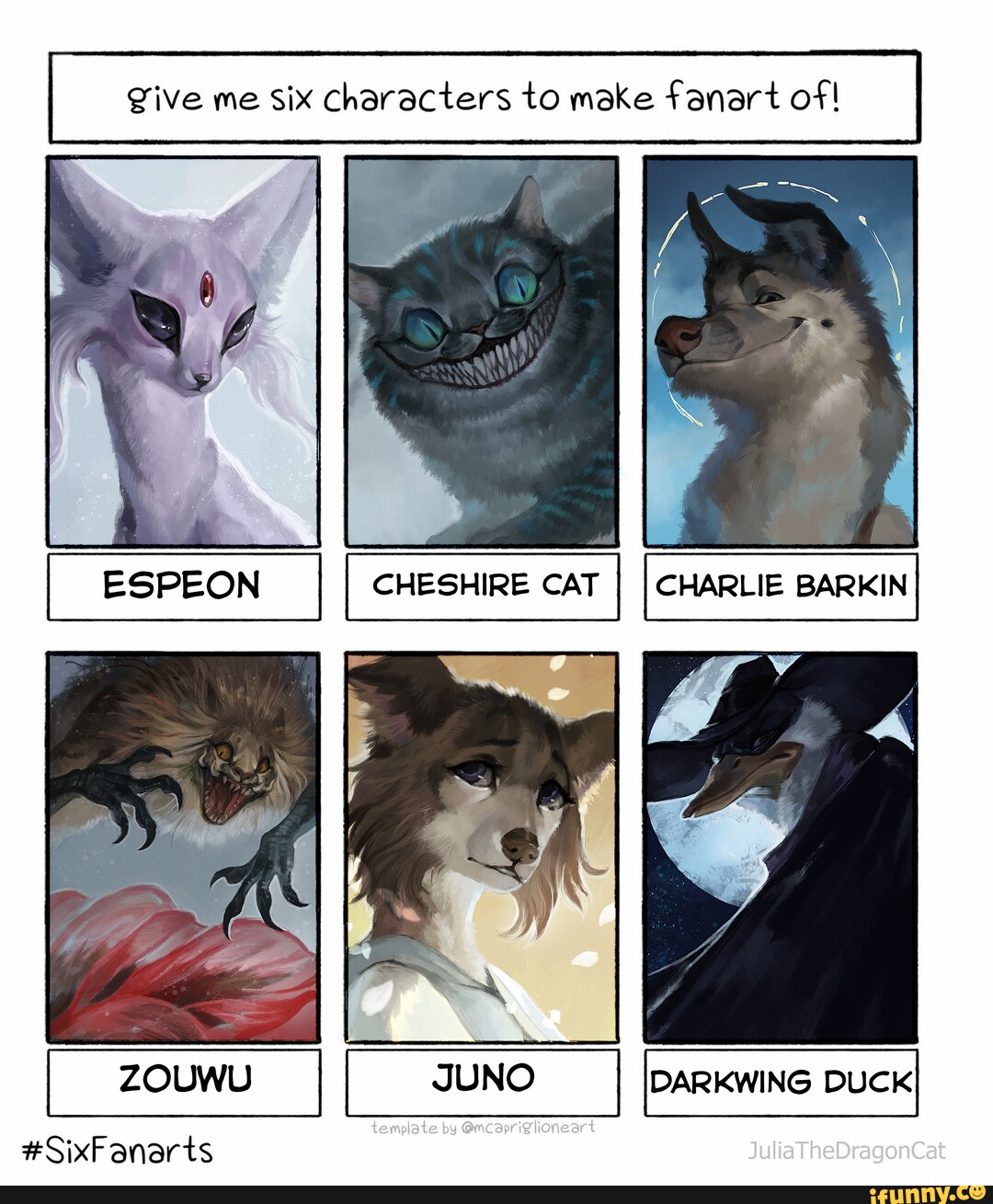 Give me six characters to make fanart of! ESPEON CHESHIRE CAT TUNO ...