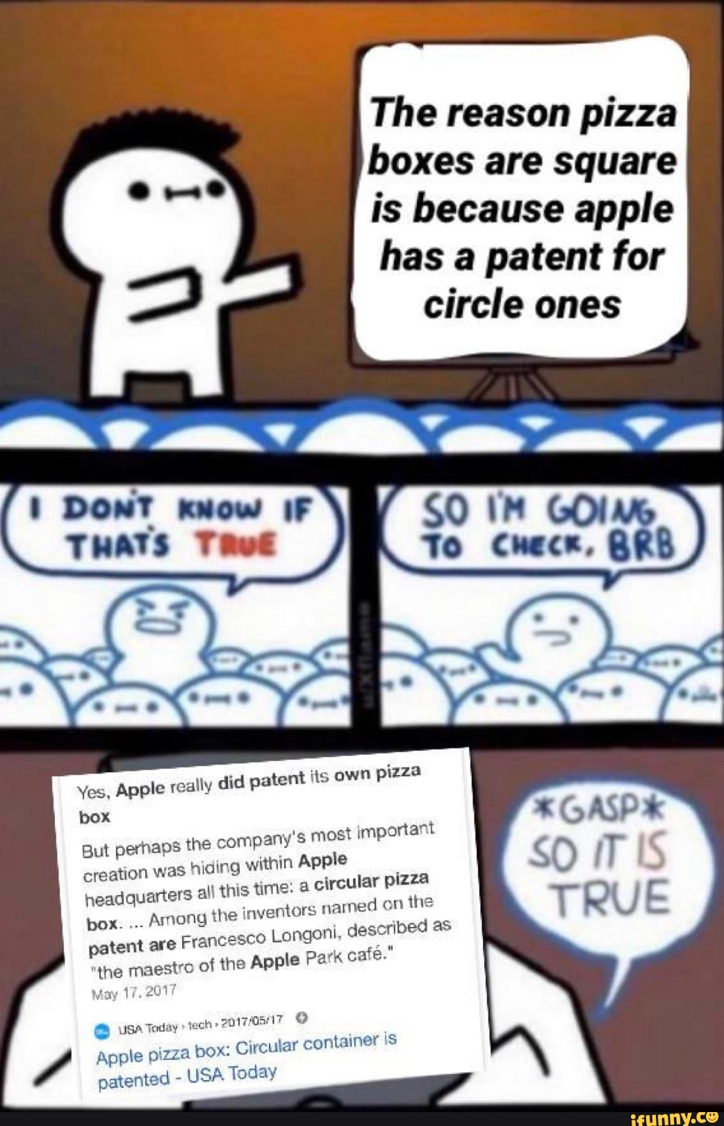 The reason pizza boxes are square is because apple has a patent for ...