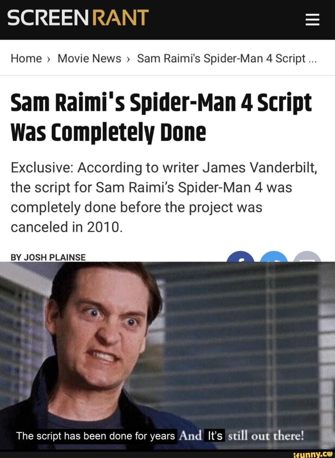 SCREEN RANT Home " Movie News Sam Raimi's Spider-Man 4 Script Sam Raimi ...