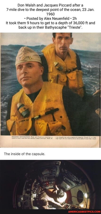 Don Walsh and Jacques Piccard after a mule dive to the deepest point of ...