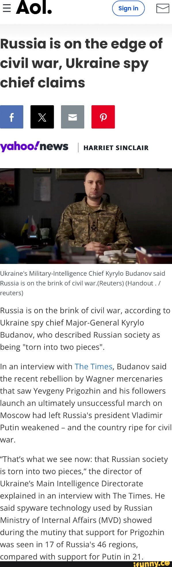 = Aol. Russia is on the edge of civil war, Ukraine spy chief claims ...