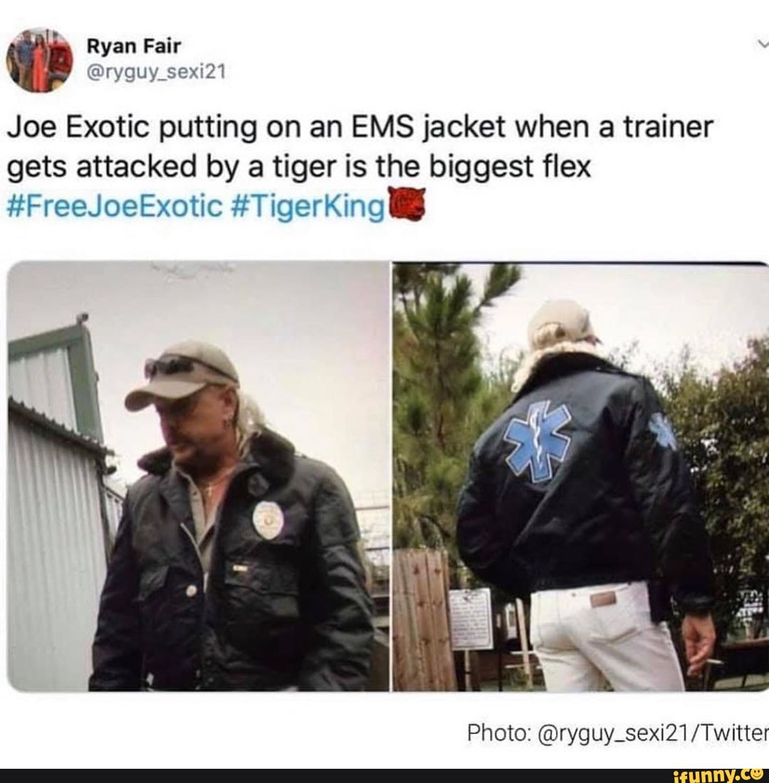 Joe Exotic putting on an EMS jacket when a trainer gets attacked by a ...