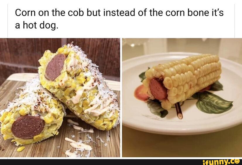 Corn on the cob but instead of the corn bone it's hot dog. - iFunny