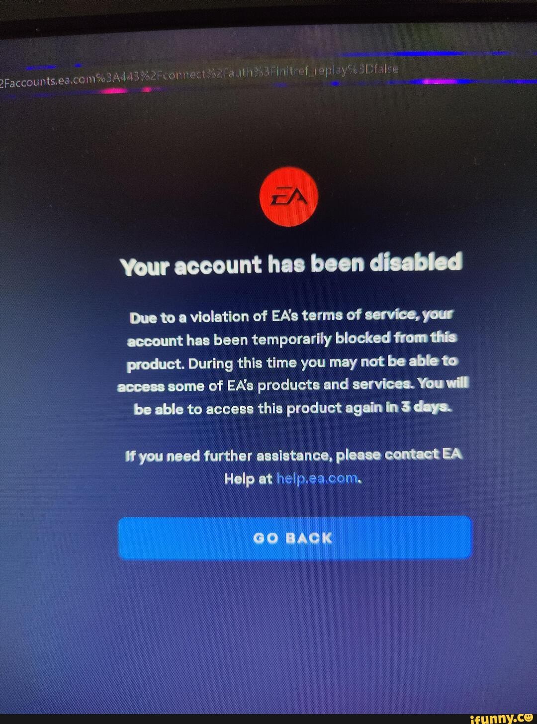 Faccounts.ea.co mercorne fig Your account has been disabled Due to a ...