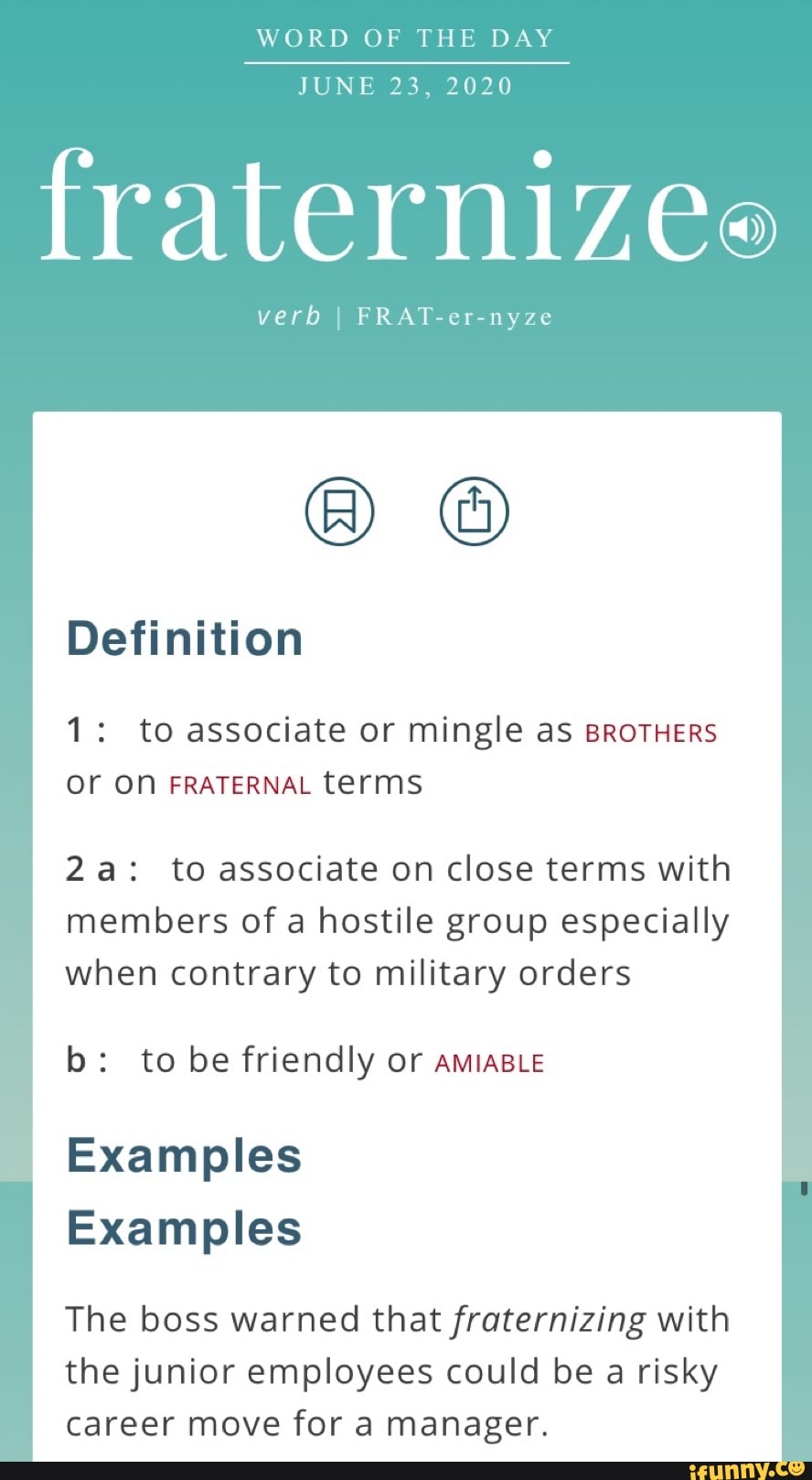 Fraternizes verb I FRAT-er-nyze Definition 1: to associate or mingle as ...