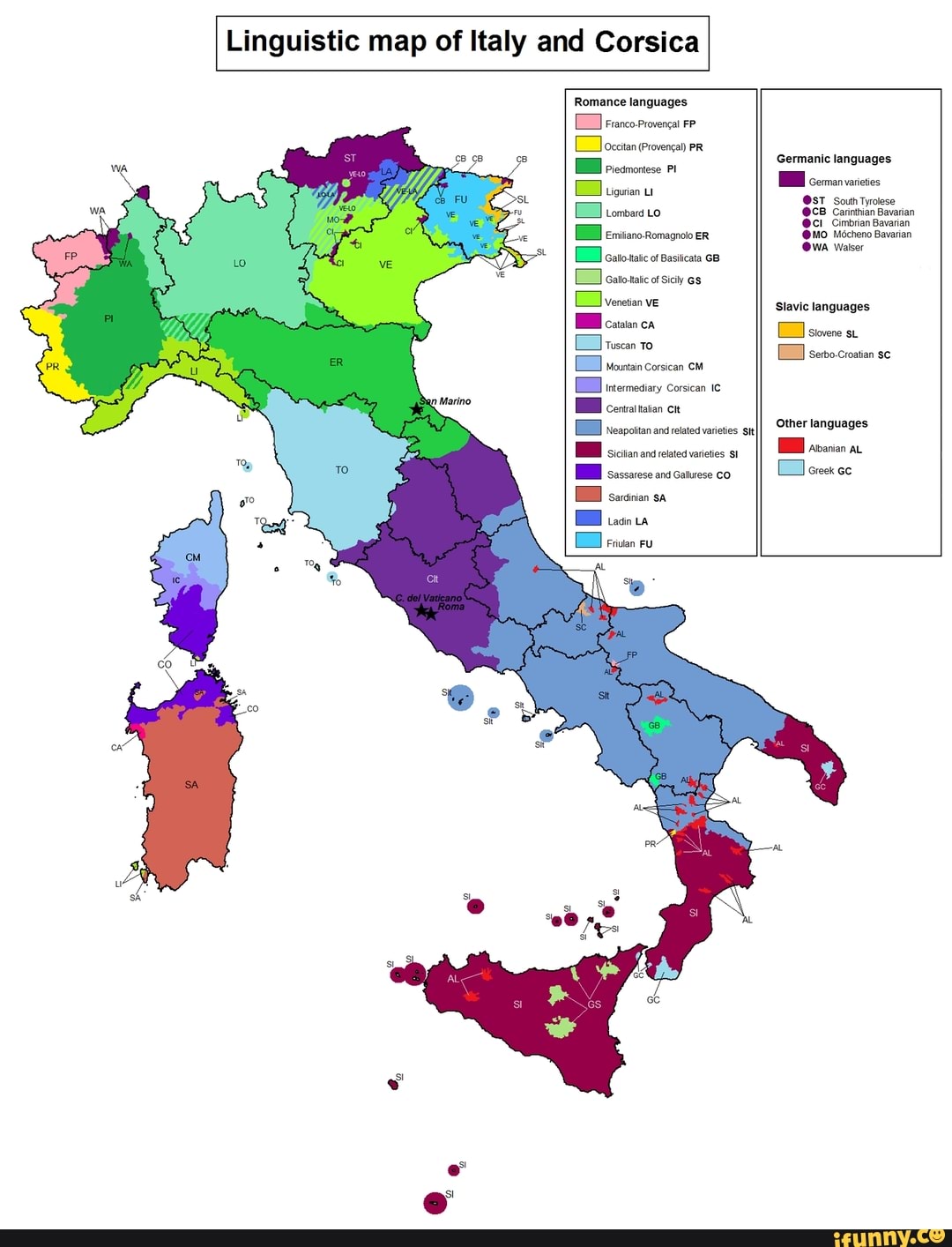 Linguistic map of Italy and Corsica I Romance languages Franco ...
