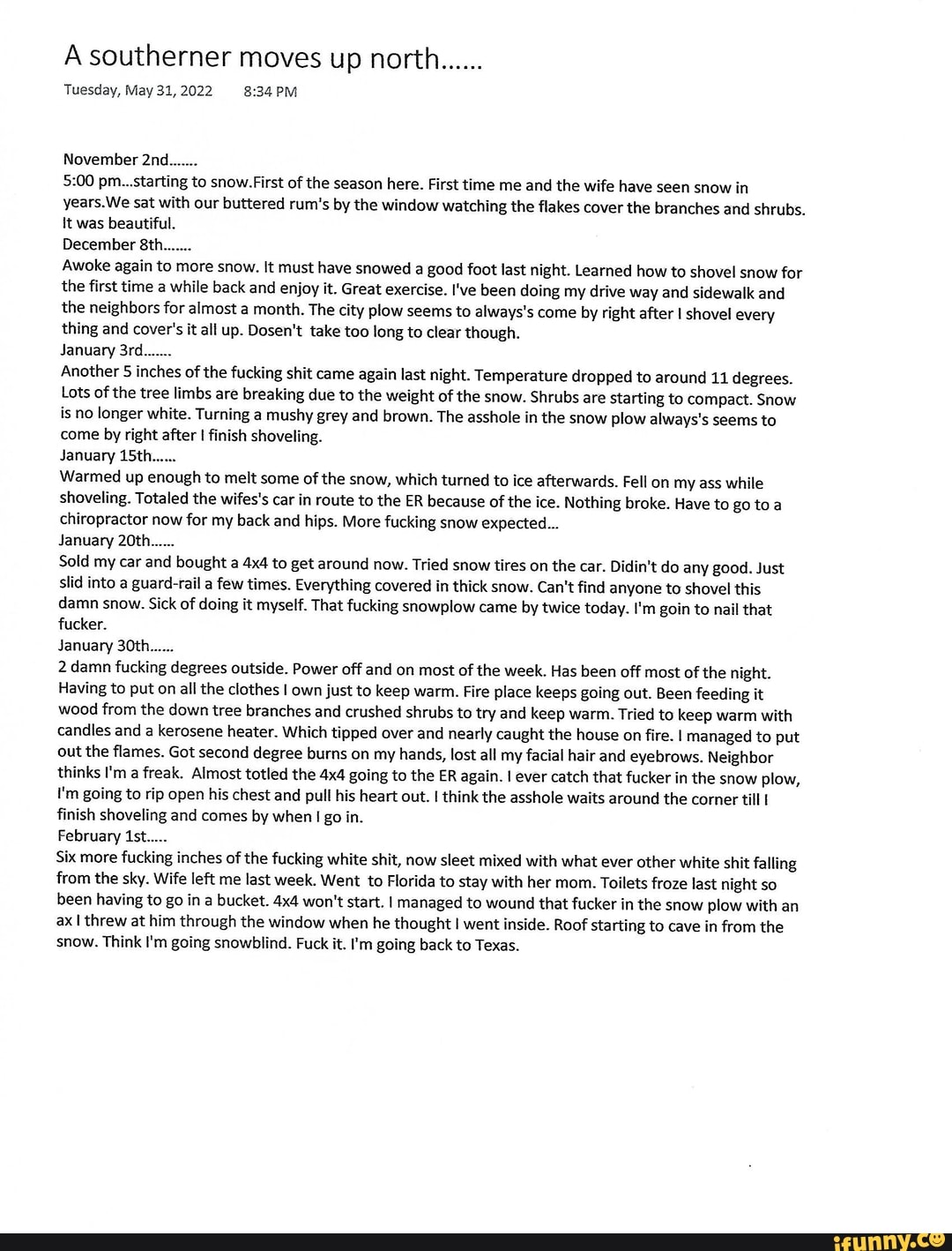 A southerner moves up north...... Tuesday, May 31, 2022 PM November pm ...