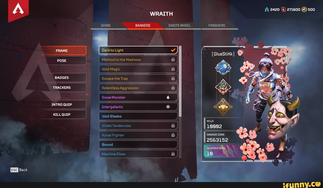 E160 WRAITH SKINS BANNERS EMOTE WHEEL FINISHERS FRAME Dark to Light ...