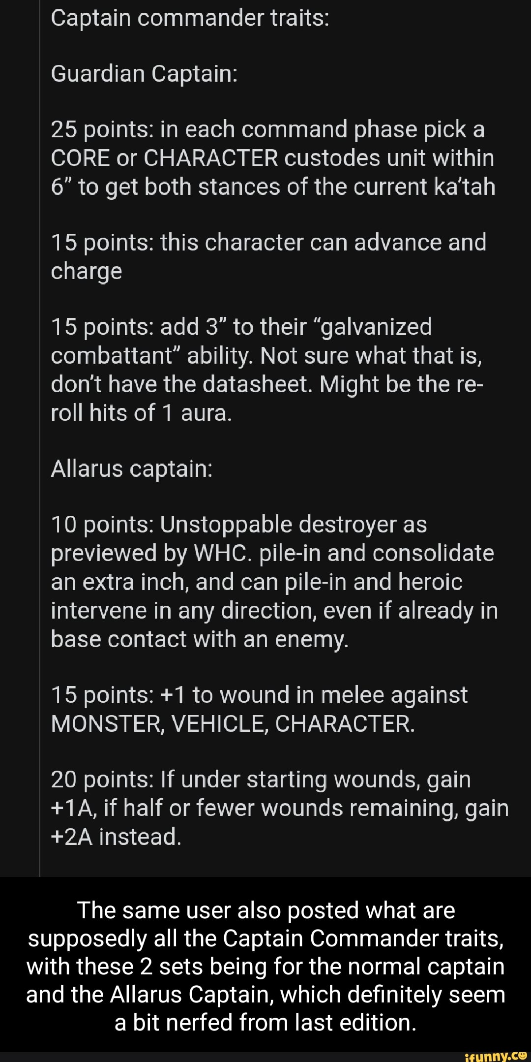 Captain commander traits: Guardian Captain: 25 points: in each command ...