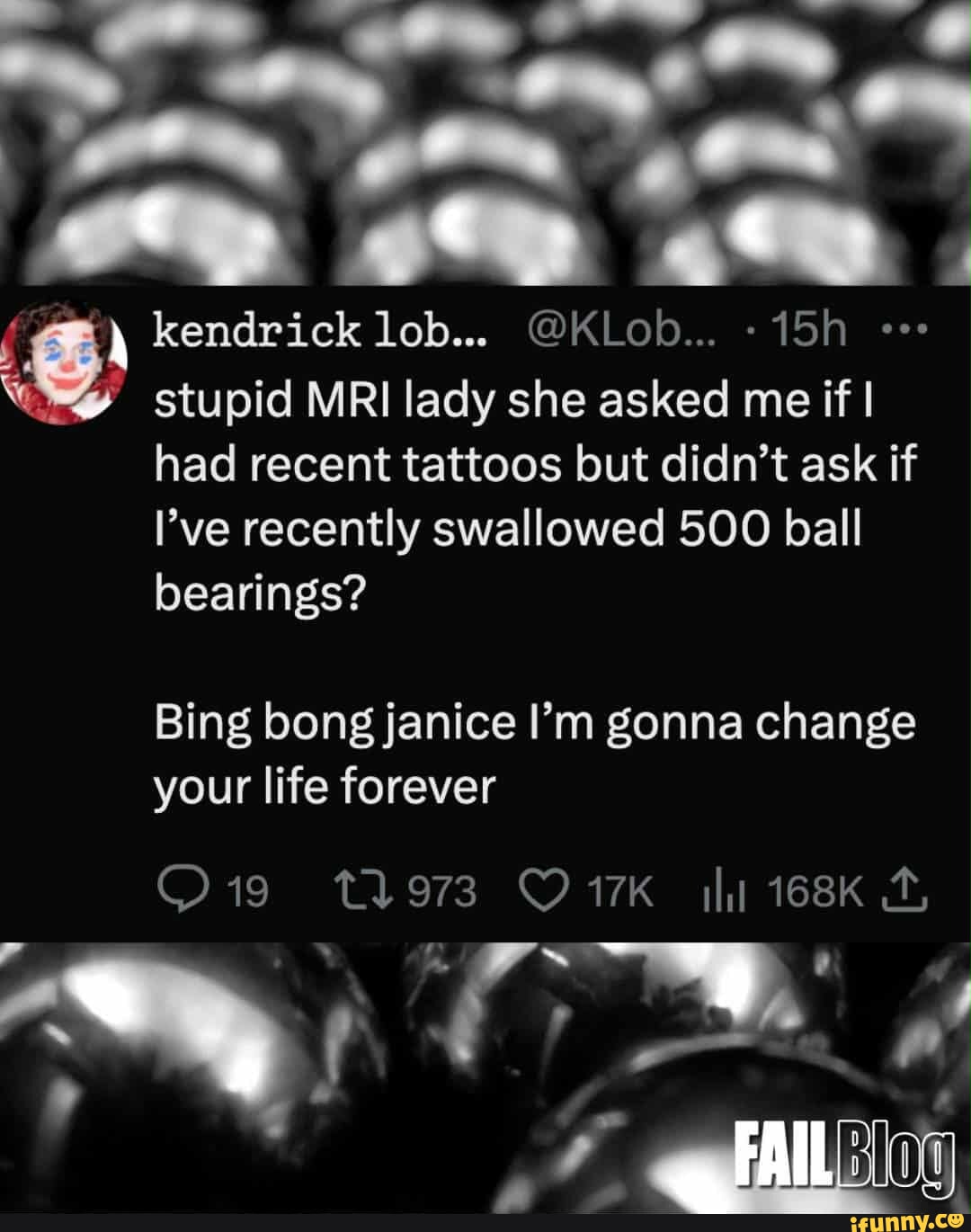 Kendrick lob... @KLob... stupid MRI lady she asked me if I had recent ...