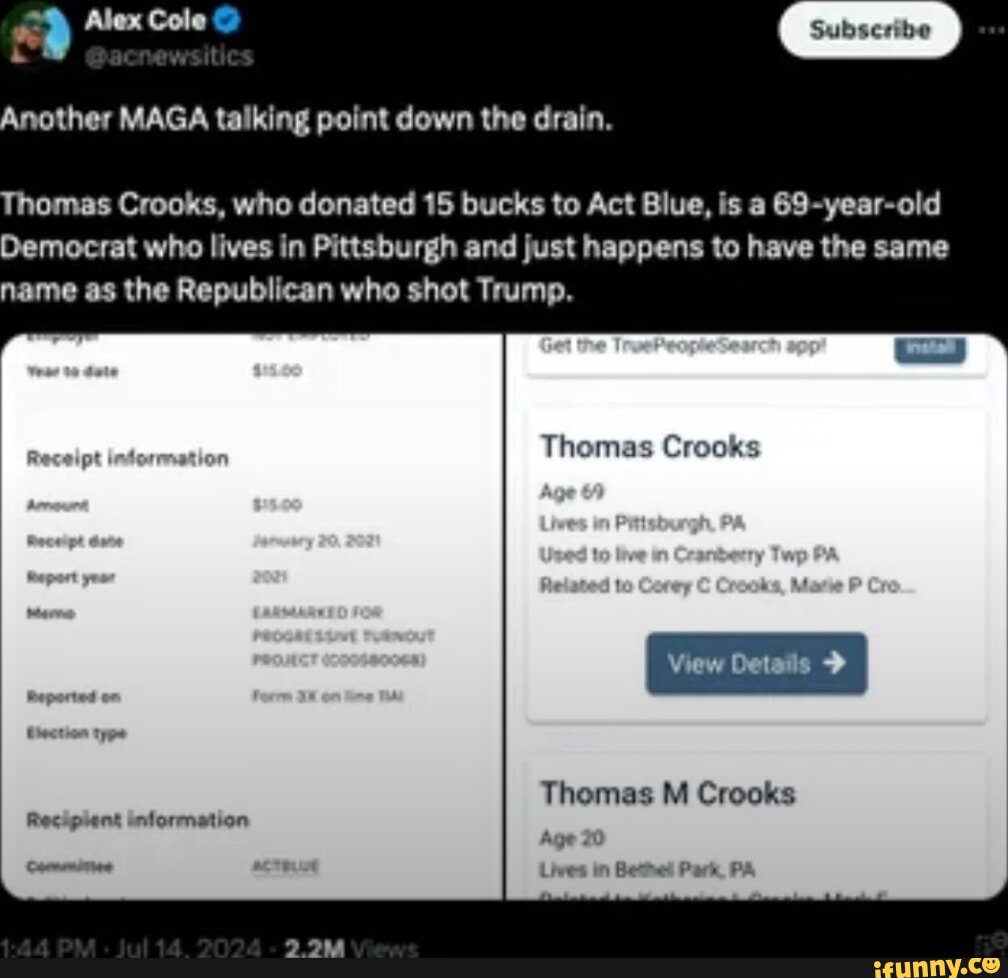 Colo Another MAGA talking point down the drain. Thomas Crooks, who ...