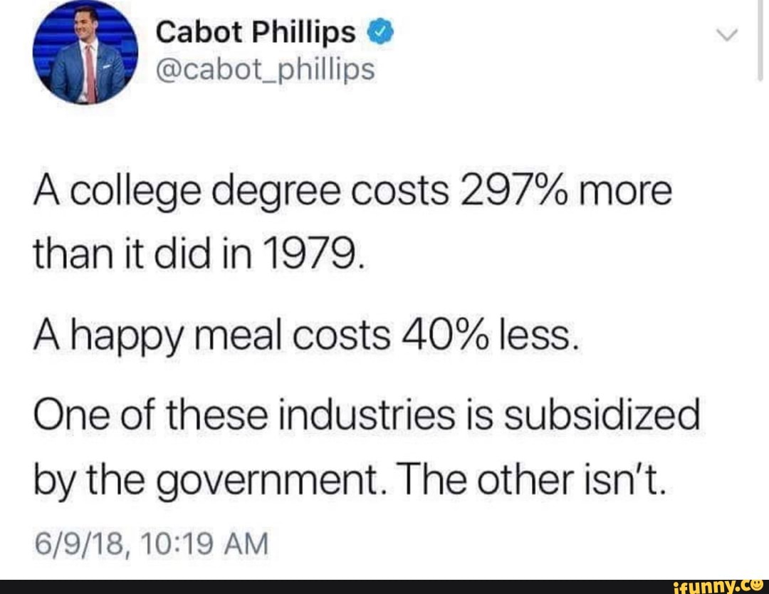 A college degree costs 297% more than it did in 1979. A happy meal ...