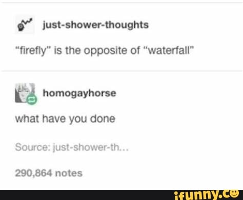 Just-shower-thoughts "firefly" is the opposite of "waterfall" ta ...