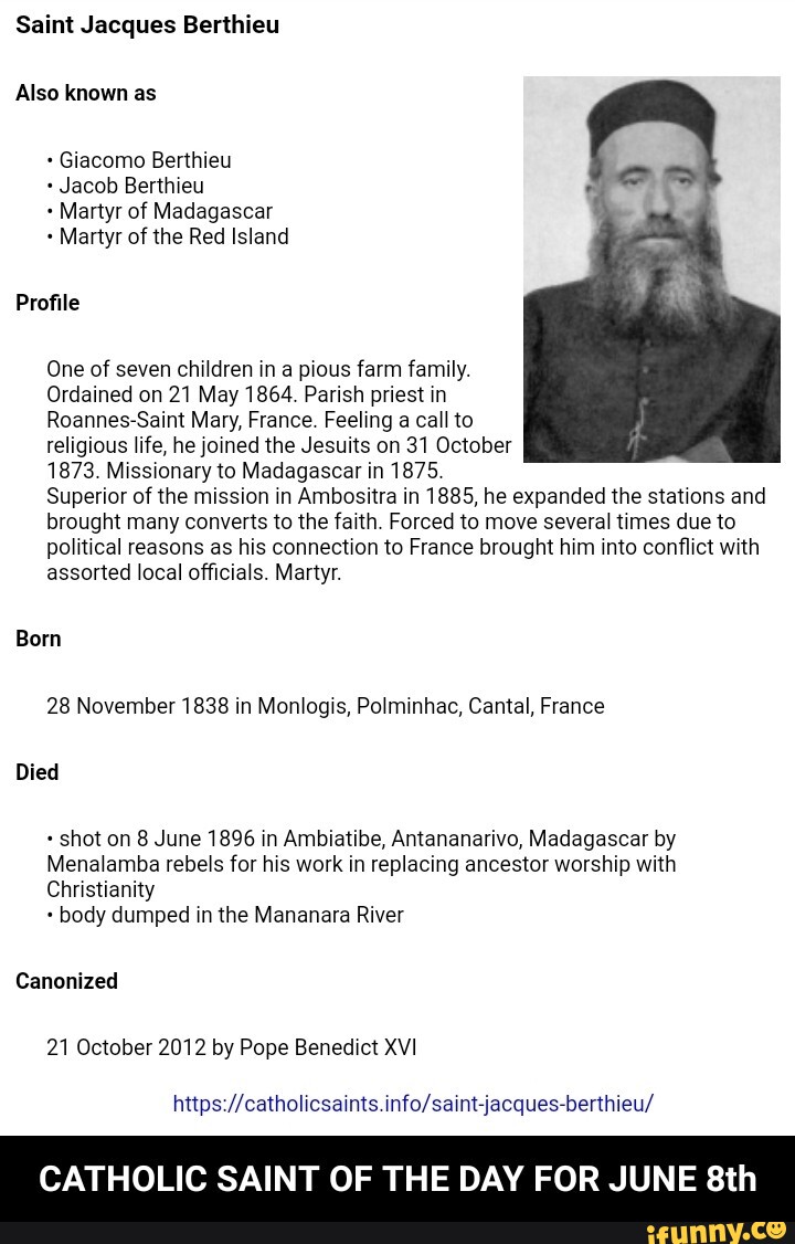 Saint Jacques Berthieu Also known as Giacomo Berthieu + Jacob Berthieu ...