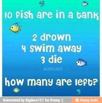 10 fish are in 4 tank 2 drown 4 swim away how many are left? - )