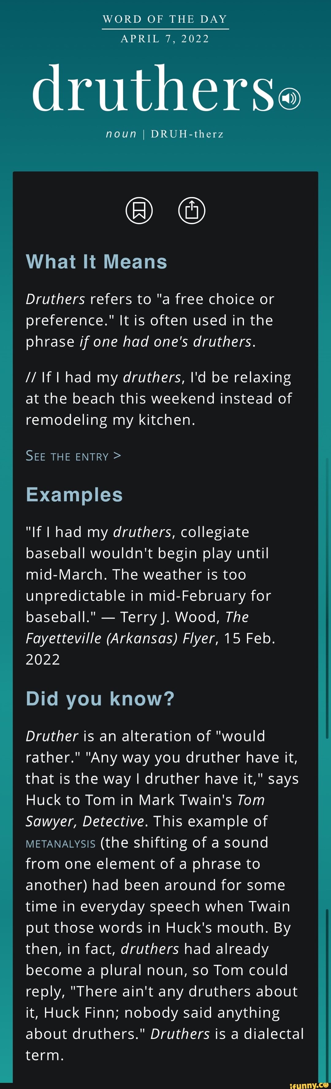 WORD OF THE DAY APRIL 7, 2022 druthers" noun I DRUH-therz What It Means ...