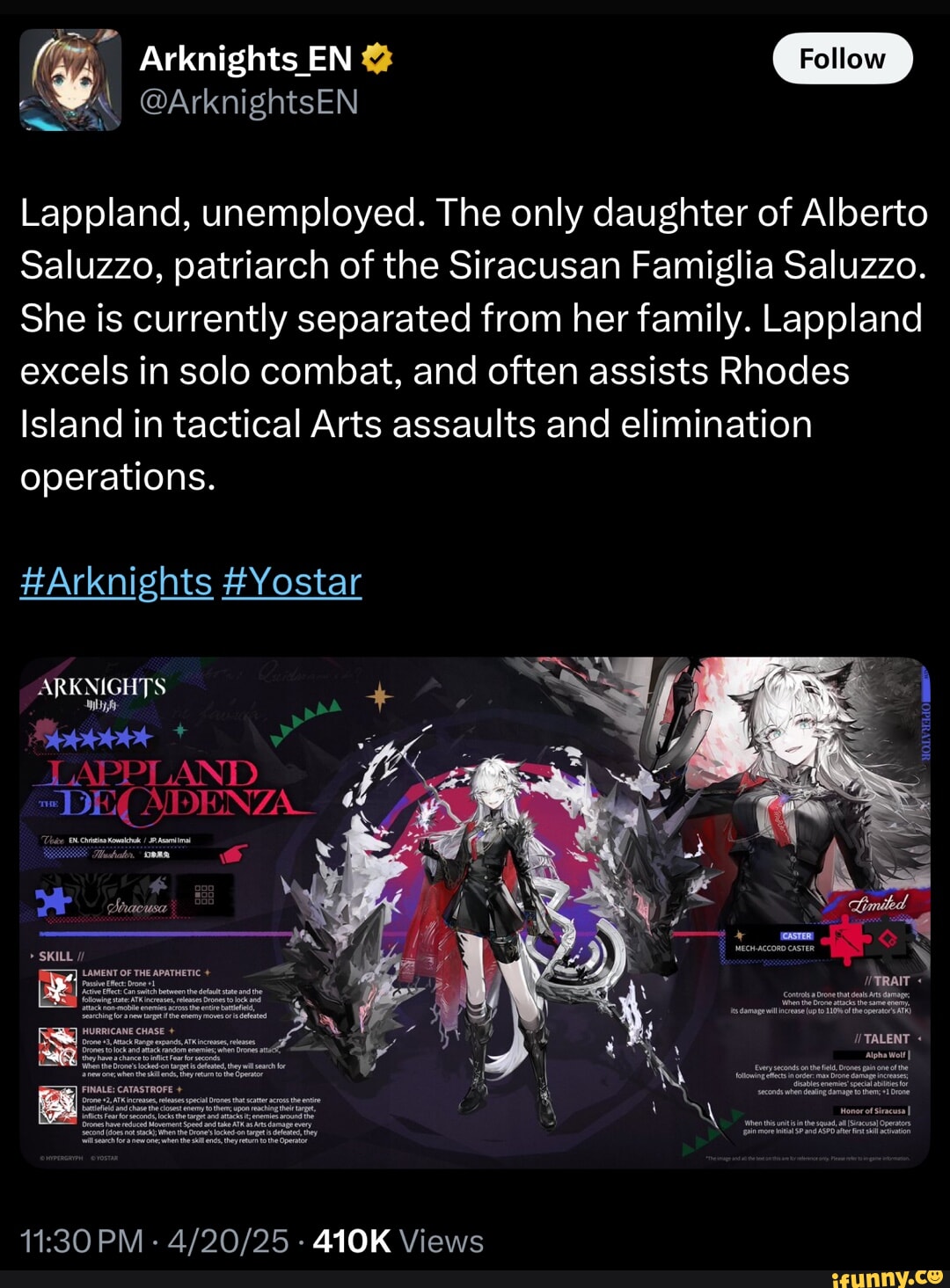 Follow @ArknightsEN Lappland, unemployed. The only daughter of Alberto ...