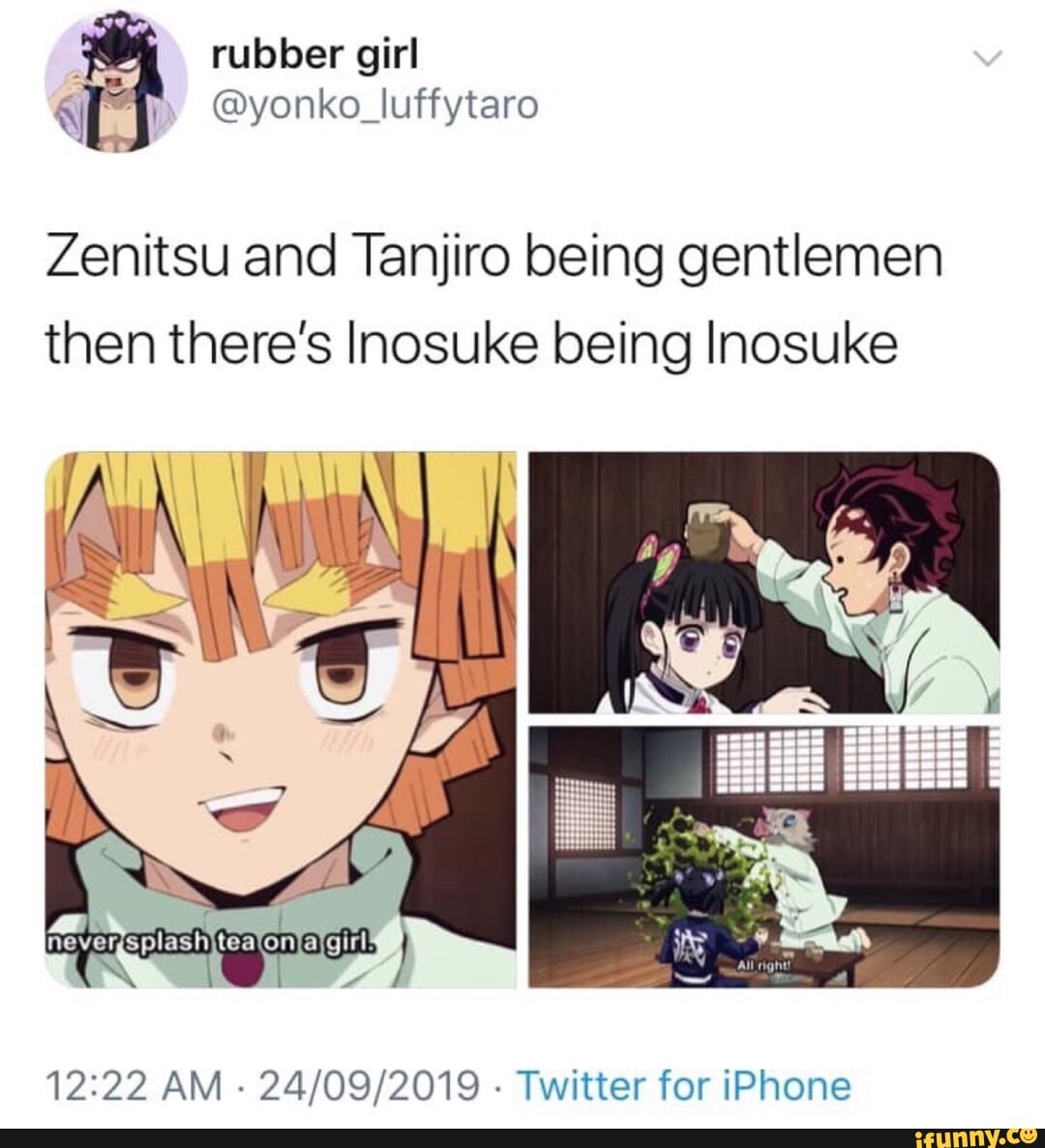 Zenitsu and Tanjiro being gentlemen then there’s Inosuke being Inosuke ...
