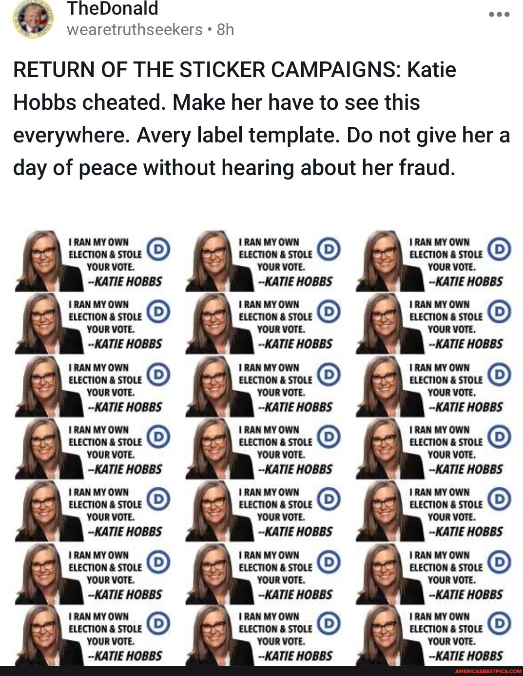 TheDonald RETURN OF THE STICKER CAMPAIGNS: Katie Hobbs cheated. Make ...
