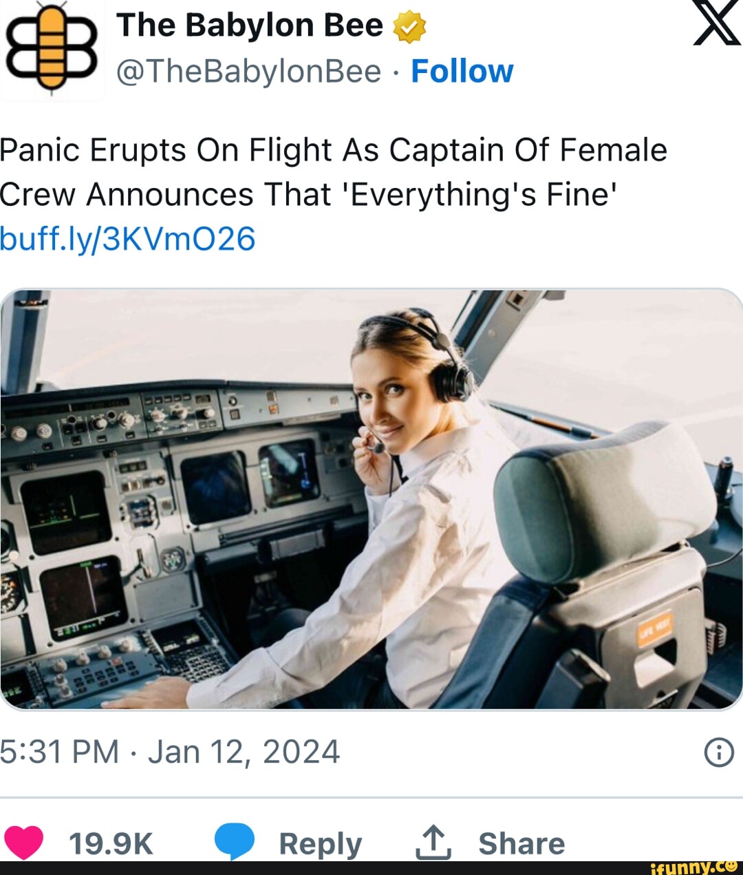 The Babylon Bee @TheBabylonBee - Follow Panic Erupts On Flight As Captain Of Female Crew ...